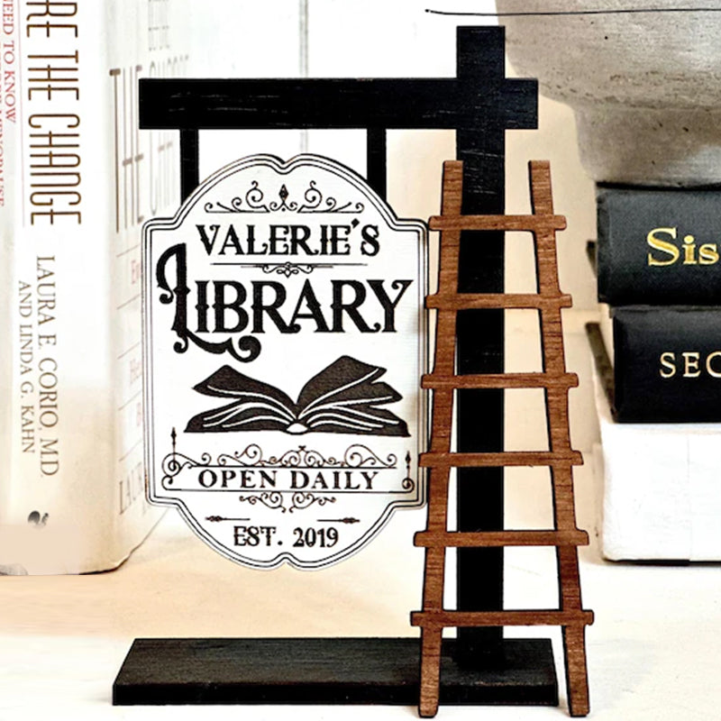 Personalized Library Sign, Mini wooden Signpost with ladder Library De ...