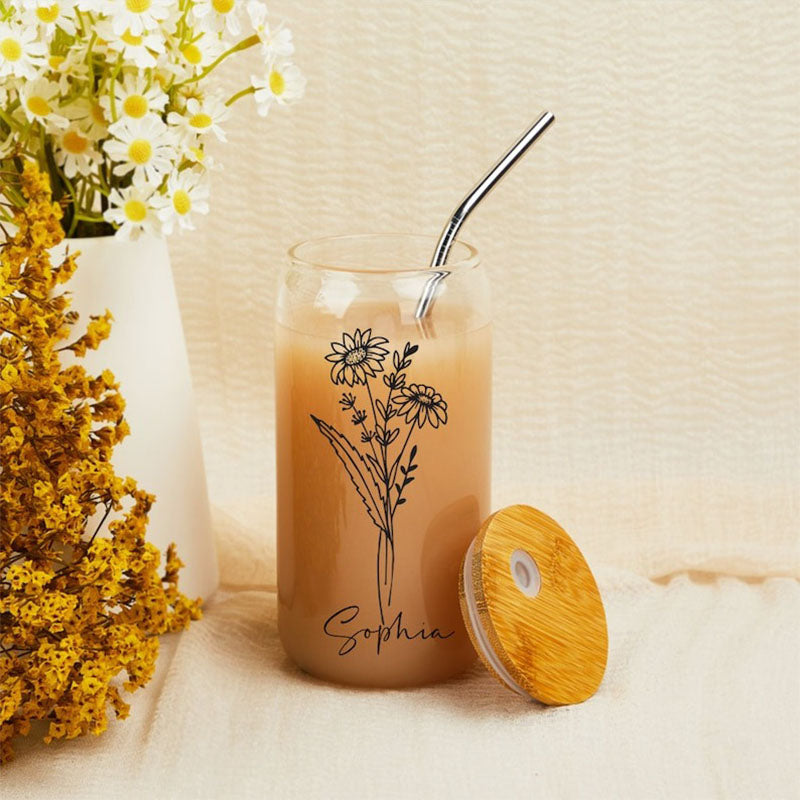 Custom Name Cup With Birth Flower,Birth Month Iced Coffee Cup – Giftsidear