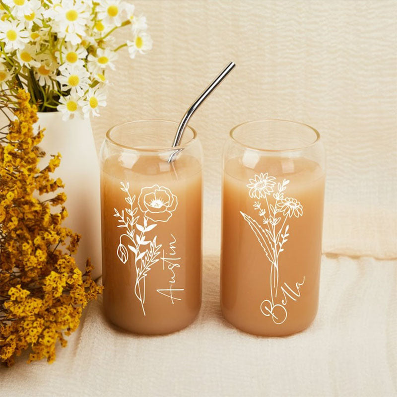 Custom Name Cup With Birth Flower,Birth Month Iced Coffee Cup – Giftsidear