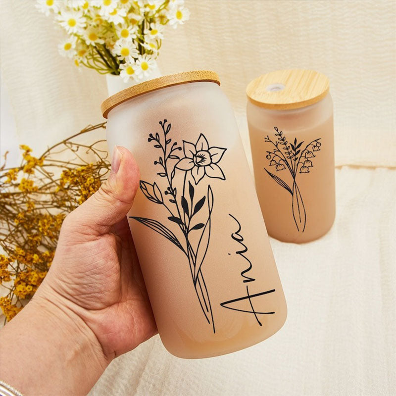 Custom Name Cup With Birth Flower,Birth Month Iced Coffee Cup – Giftsidear